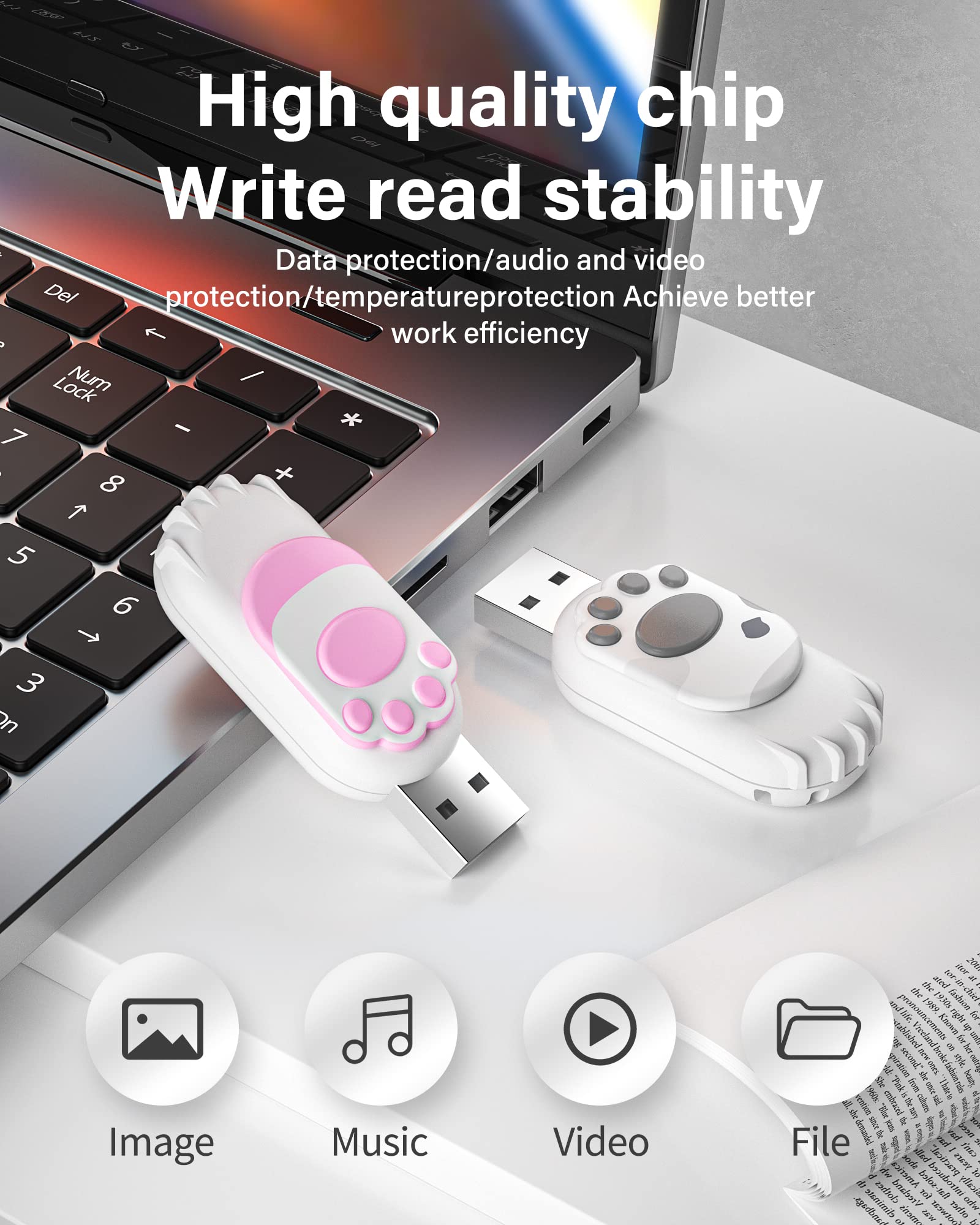 USB Flash Drive 128GB Cat Paw Pink Flash Drives Cute Mini Thumb Drive USB 2.0 Memory Stick Pendrive USB Storage Zip Drive 360°Rotation Spin Jump Drive