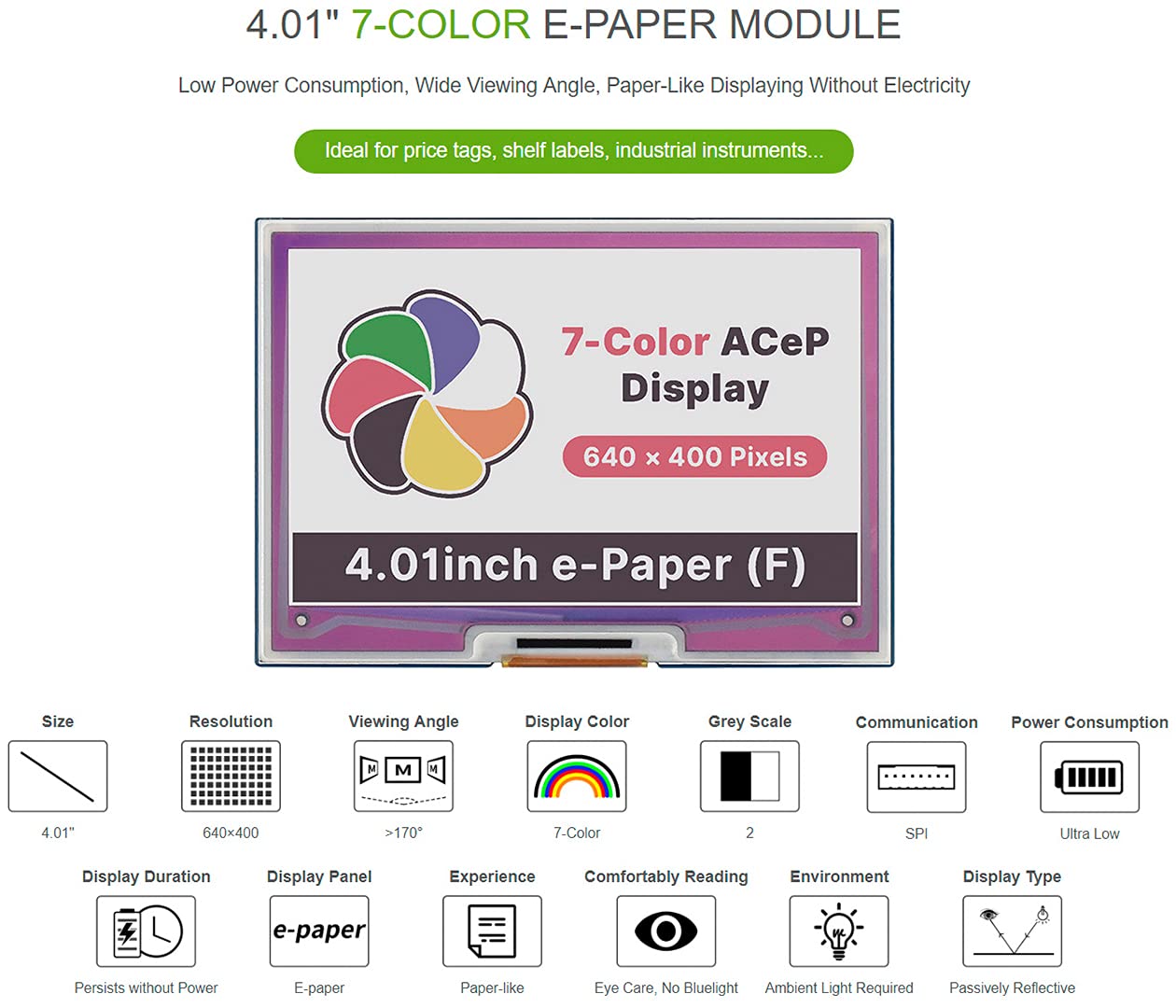 Bicool, 4.01inch ACeP 7Color EPaper Display HAT for Raspberry Pi and Jetson Nano, 640×400 Pixels EInk, SPI Interface,Low Power Consumption, Wide Viewing Angle