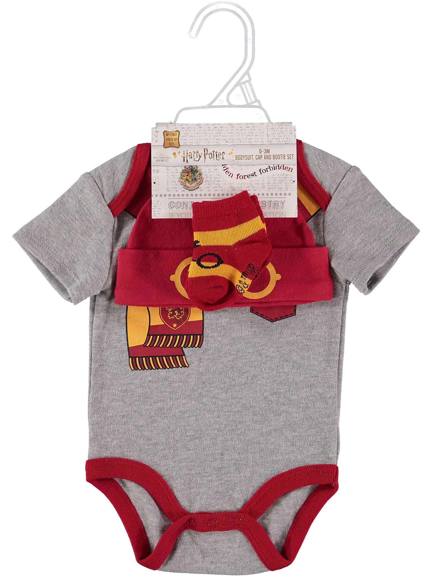 Harry Potter Baby Boys Clothing 3-Piece Set with Bodysuit, Hat, and Socks Gifts Baby Clothes (3 Pack Grey/Red/Yellow, 3-6M)