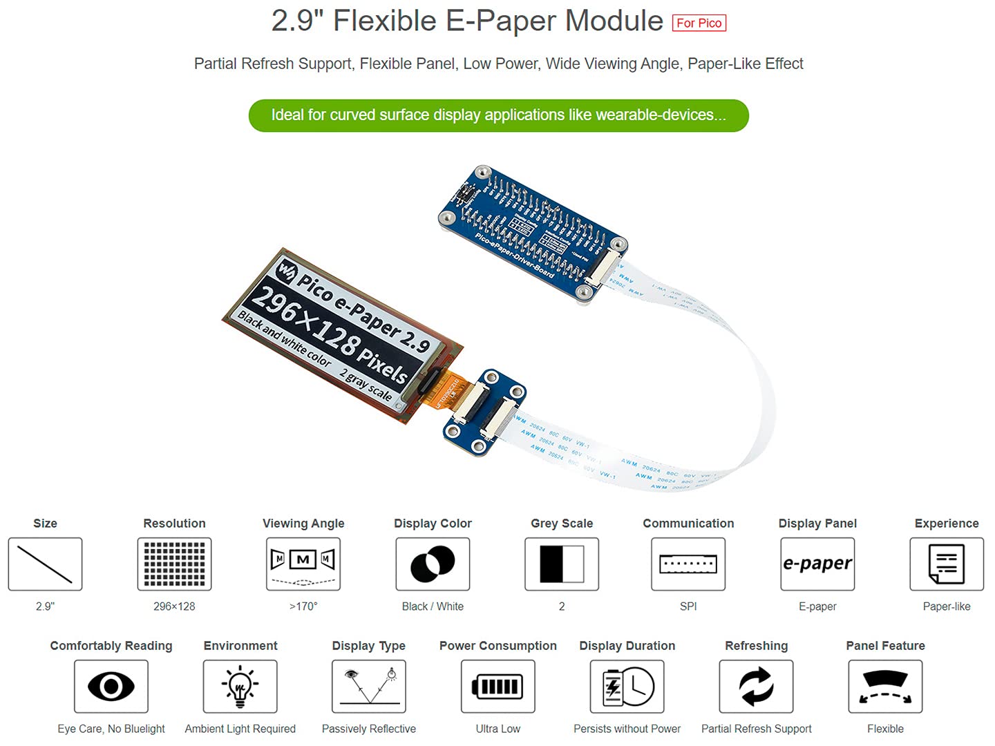 2.9inch Flexible E-Paper Display Module for Raspberry Pi Pico, 296×128 Resolution E-Ink Display Panel, Black/White Display Color, SPI Interface, Support Partial Refresh