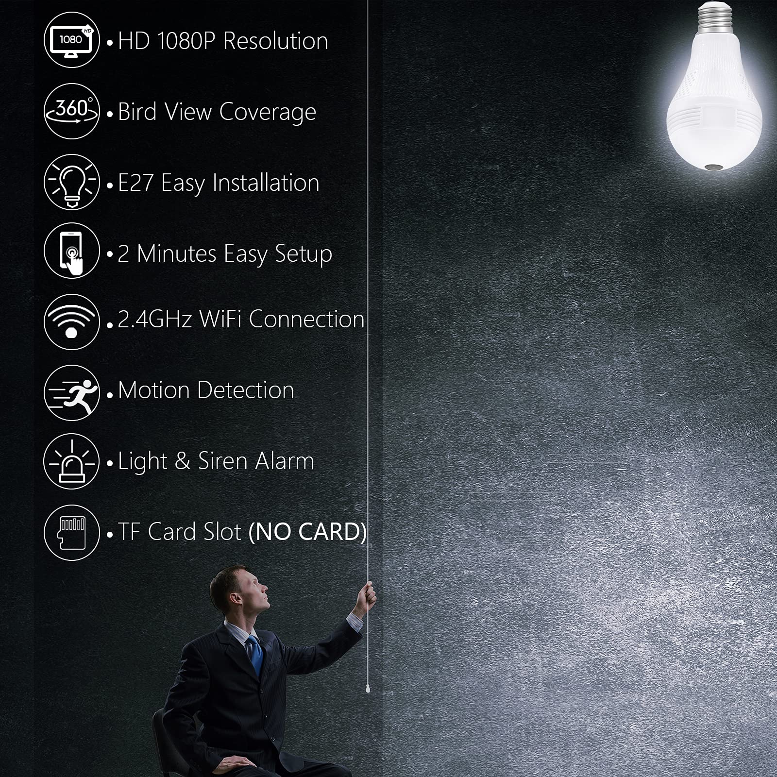 TIENCIY Home WiFi Light Camera, Full HD 1080P Wireless Camera 2.4GHz 360 Bird View Wi-Fi Security IP Camera Remote Viewing Camera Night Vision Motion Detection for Home/Office/Baby/Pet