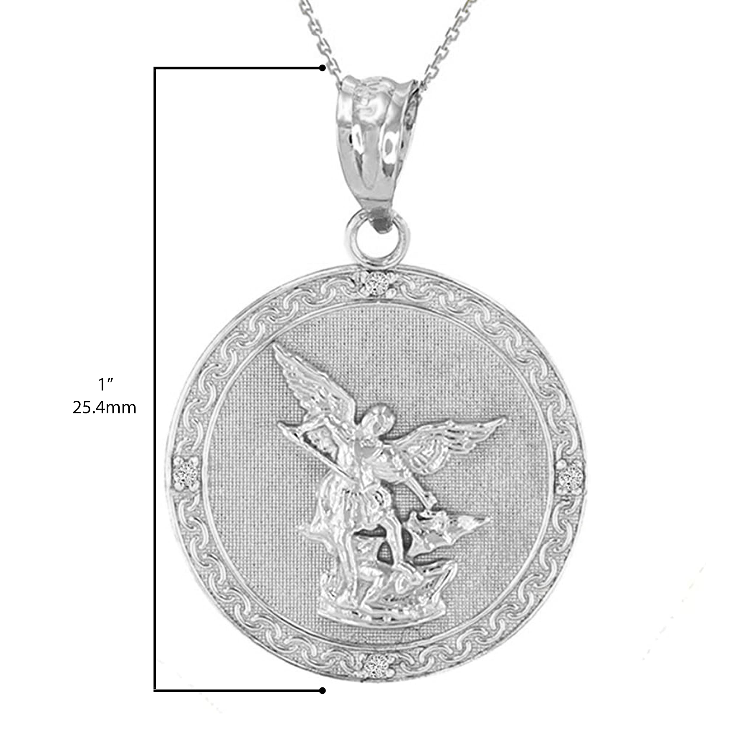 .925 Sterling Silver Saint Michael The Archangel Cubic Zirconia Medal Pendant (1"), 18"