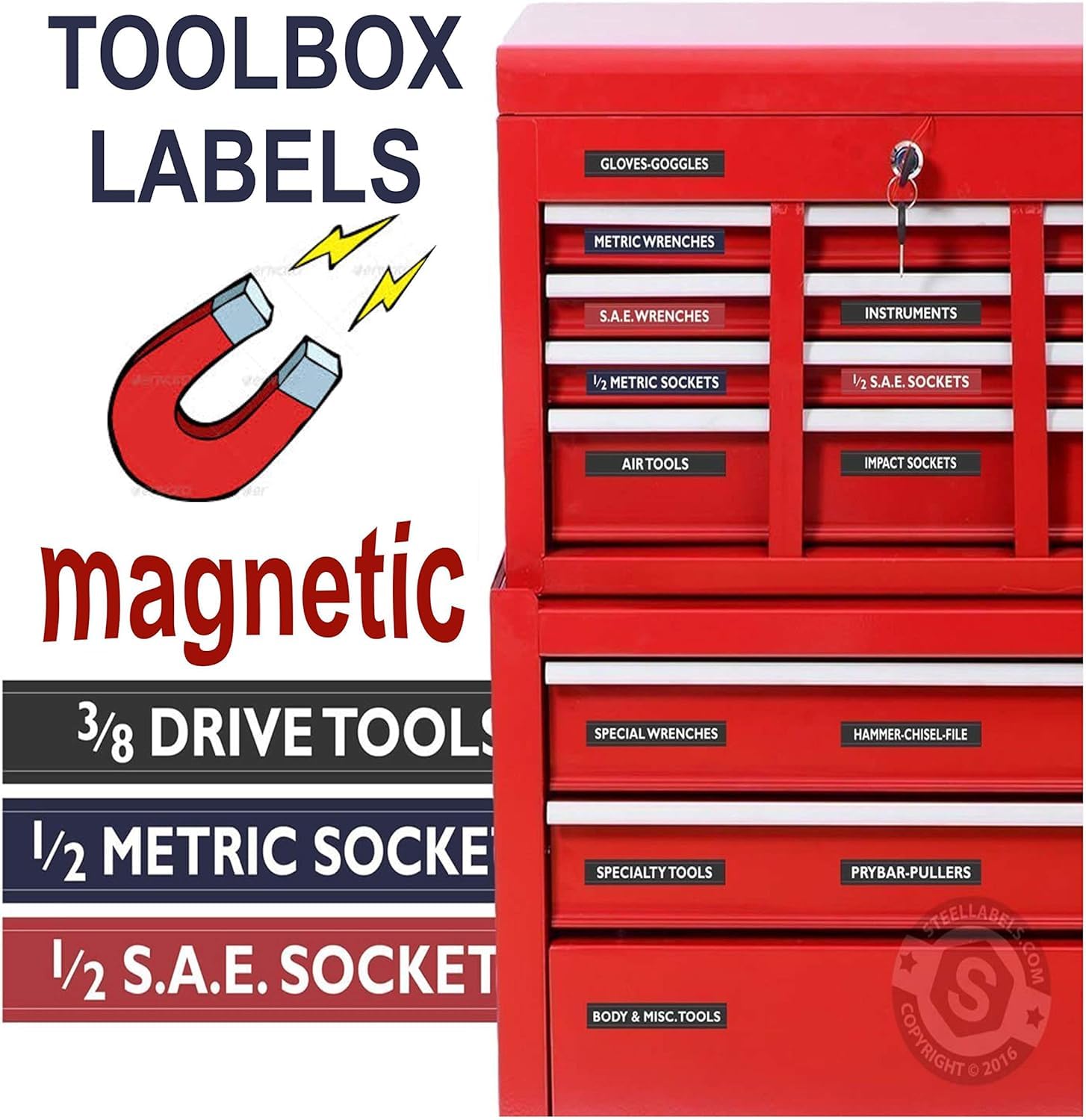 "Magnetic" Tool Box Organizer Labels (Green Edition) Organize Boxes, Drawers & cabinets "Quick & Easy", fits All Brands of 'Steel' Tool Chest Including Craftsman & Snap-on