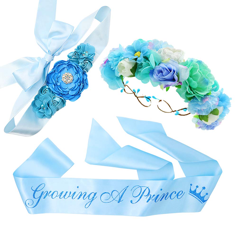 "Growing a Prince" Sash & Flower Crown & Sky Blue Maternity Sash Kit - Baby Shower Sash Prince Baby Boy Shower Baby Sprinkle (Blue)