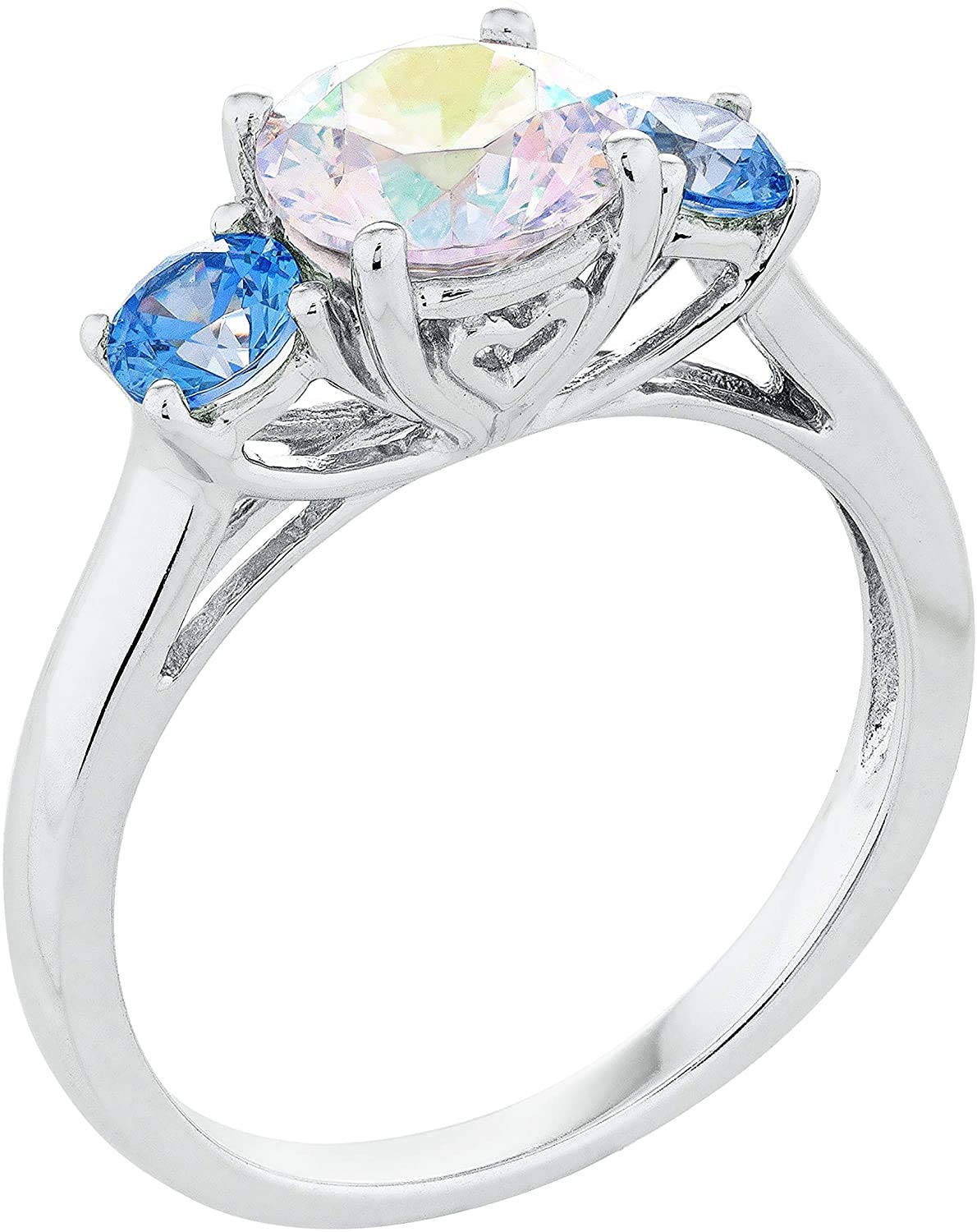 .925 Sterling Silver Round Brilliant Cut Aurora Borealis Cubic Zirconia & Fancy Blue Swarovski Cubic Zirconia Three Stone Engagment Ring - Size 5