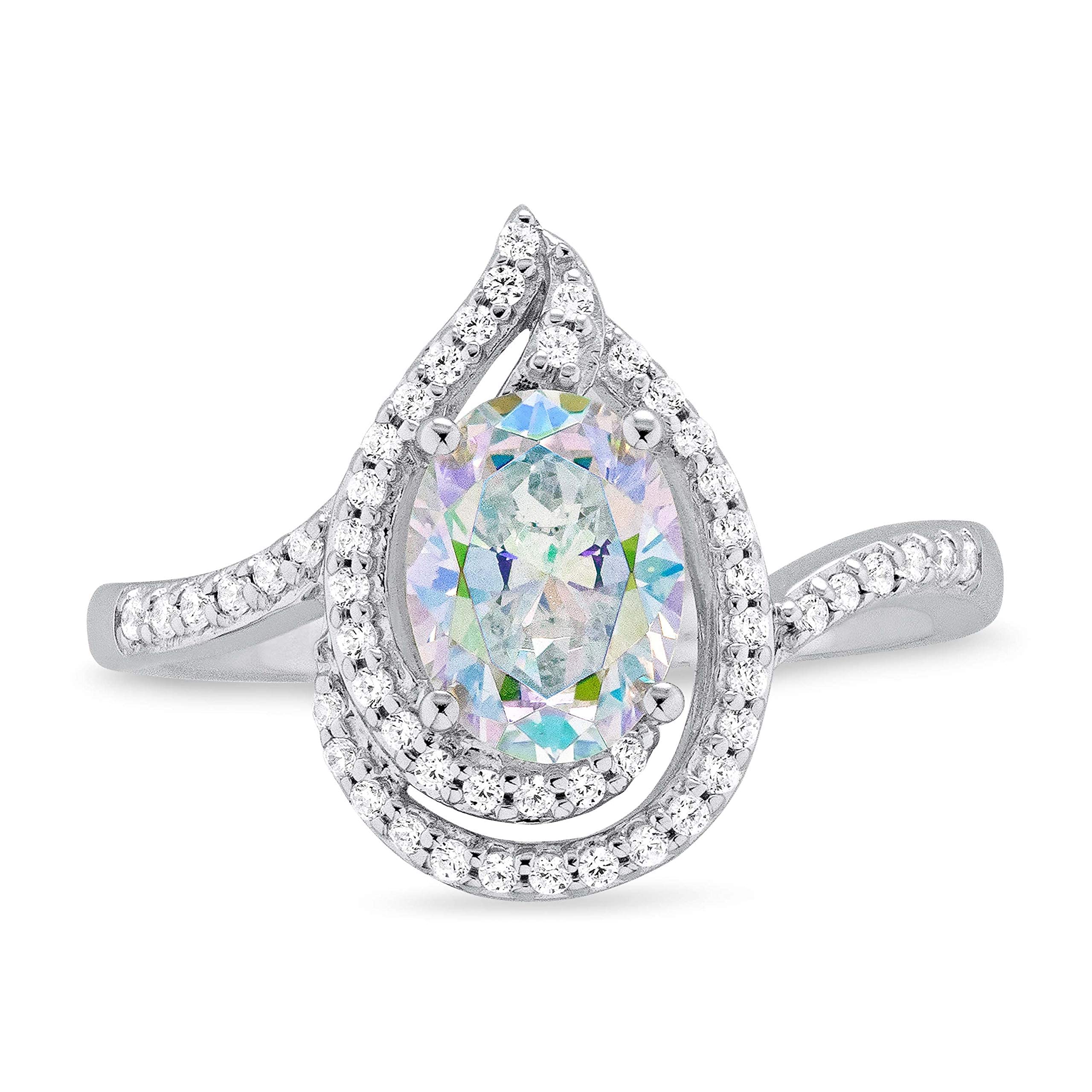 .925 Sterling Silver Oval Cut Aurora Borealis Cubic Zirconia & White Cubic Zirconias Pear Shape Engagment Ring - Size 9