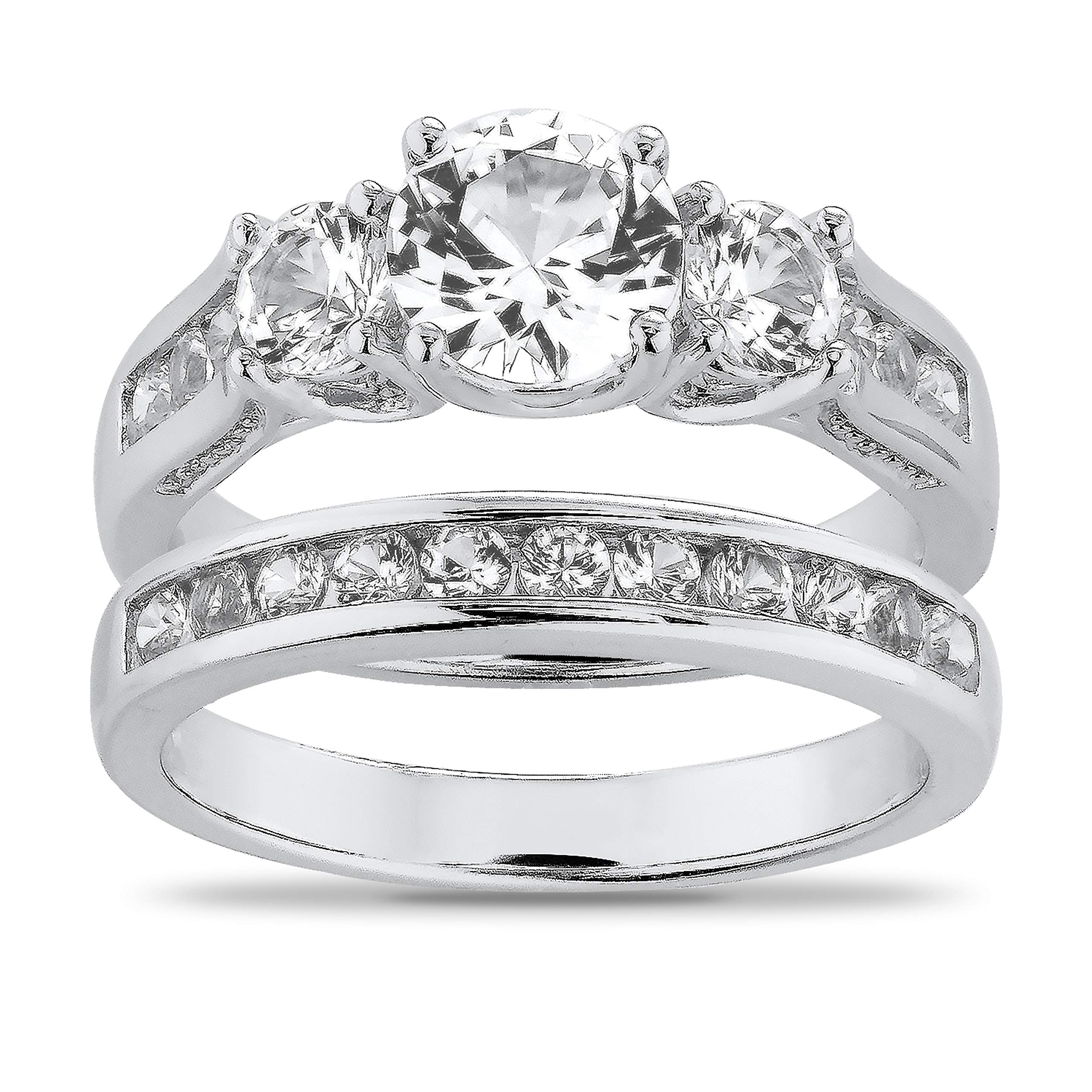 .925 Sterling Silver Round Lab-Grown White Sapphire Cathedral Style 3 Stone Engagement Ring and Eternity Wedding Band Bridal Set - Size 5