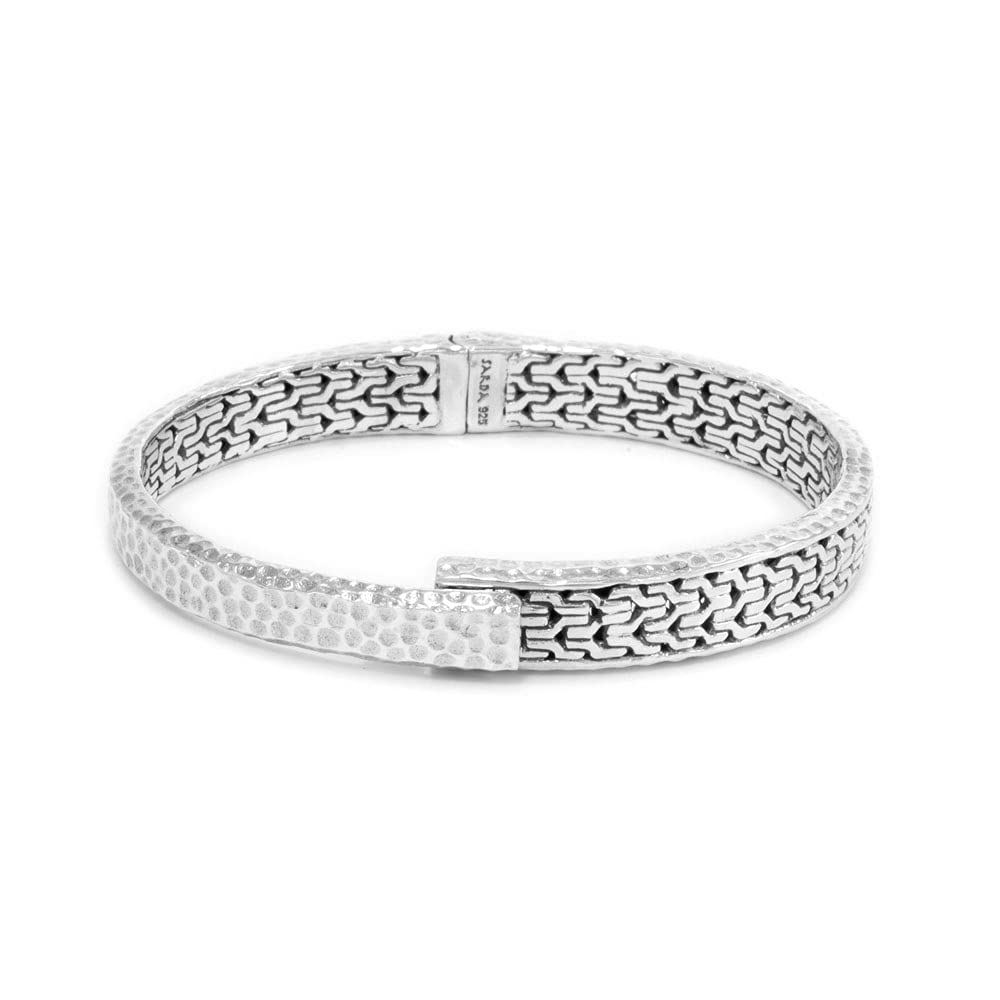 .925 Sterling Silver Chain Link Pattern & Hammered Finish Hinged Bypass Style Cuff Bracelet 6-3/4" - Handmade by Bali Artisans