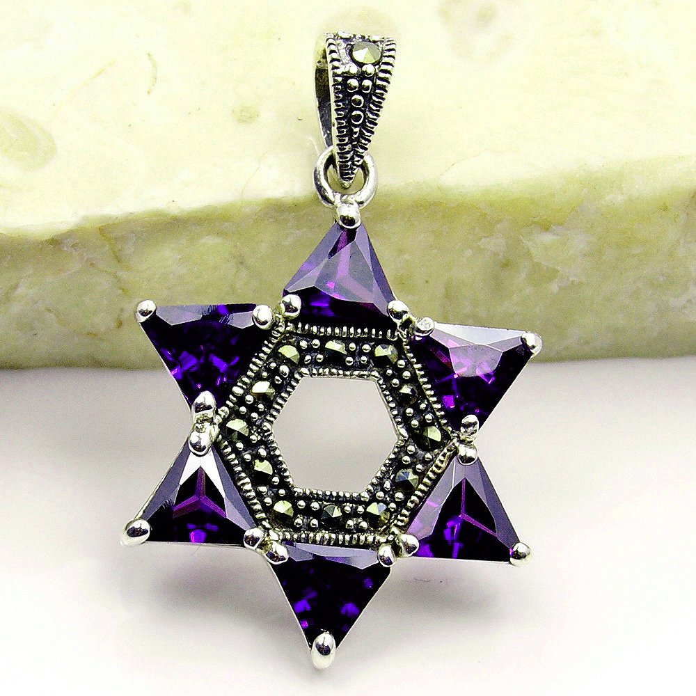 "Jewish Star of David" Sterling Silver Purple CZ, Marcasite Pendant