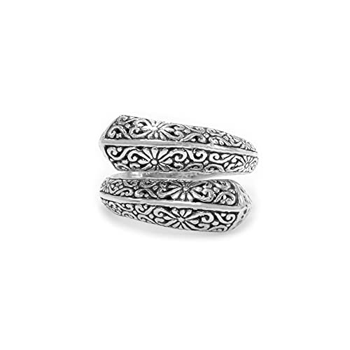 .925 Sterling Silver 1/2" Filigree, High Polish & Stippled Knife Edged Wrap Style Bypass Statement Ring - Handmade by Bali Artisans - Size 9