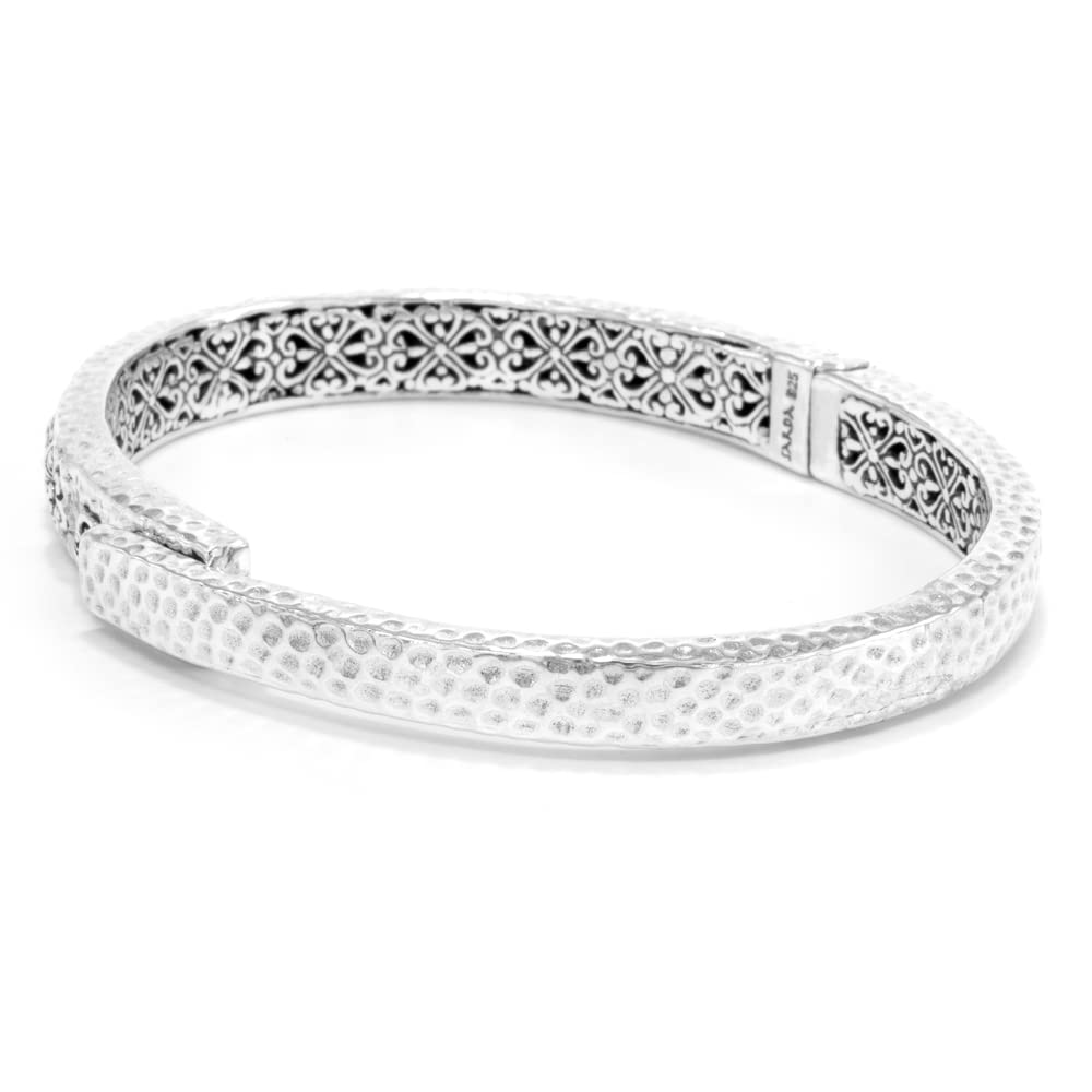 .925 Sterling Silver Hammered & Frangipani Retention Cuff Bangle Bracelet - Handmade by Bali Artisans - 7-1/2" Fits Wrist Sizes 6-3/4" - 7-1/2"