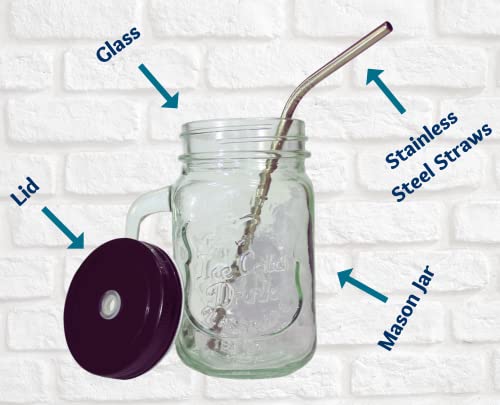 ( 2 PACK ) - Mason Jar Mugs with Handle, Stainless Steel Straw, & metal Lids 16 oz. (480ml) | Mason Jar Drinking Glasses | Reusable Boba Bubble Tea & Smoothie Cups | Tumbler for Bubble Tea, smoothie