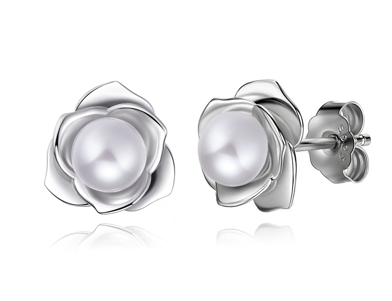 "Lovely Rose" High Polished 925 Sterling Silver Earrings with 7-8mm Natural Freshwater Pearl (Jewels Set)