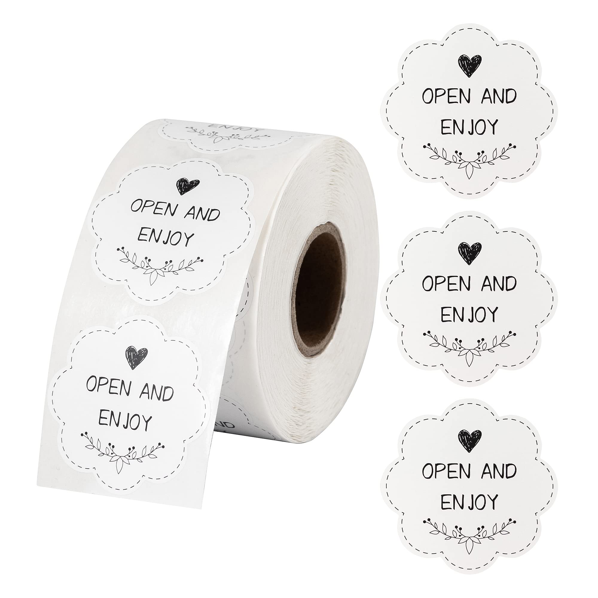 “Open & Enjoy” Gift Stickers, 600ps Sealing Stickers Flower-Shaped Thank You Label Tags for Small Business, Gifts, Weddings, Giveaways, Bridal Showers, Party, Boutiques and Envelope (White)