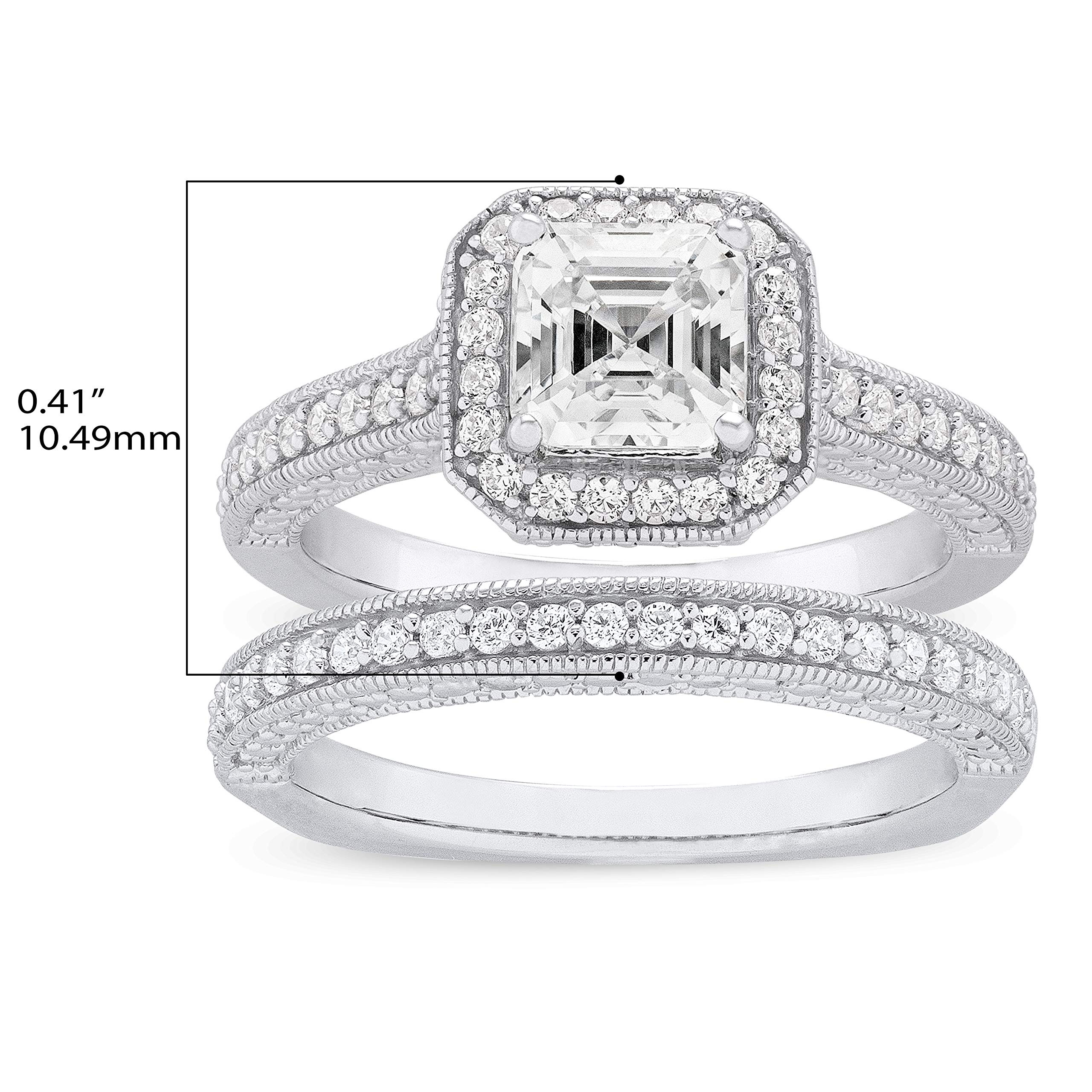 .925 Sterling Silver & Asscher Cut Cubic Zirconia with Halo Cathedral Style Engagement Ring and Half Eternity Style Wedding Band Bridal Set - Size 7