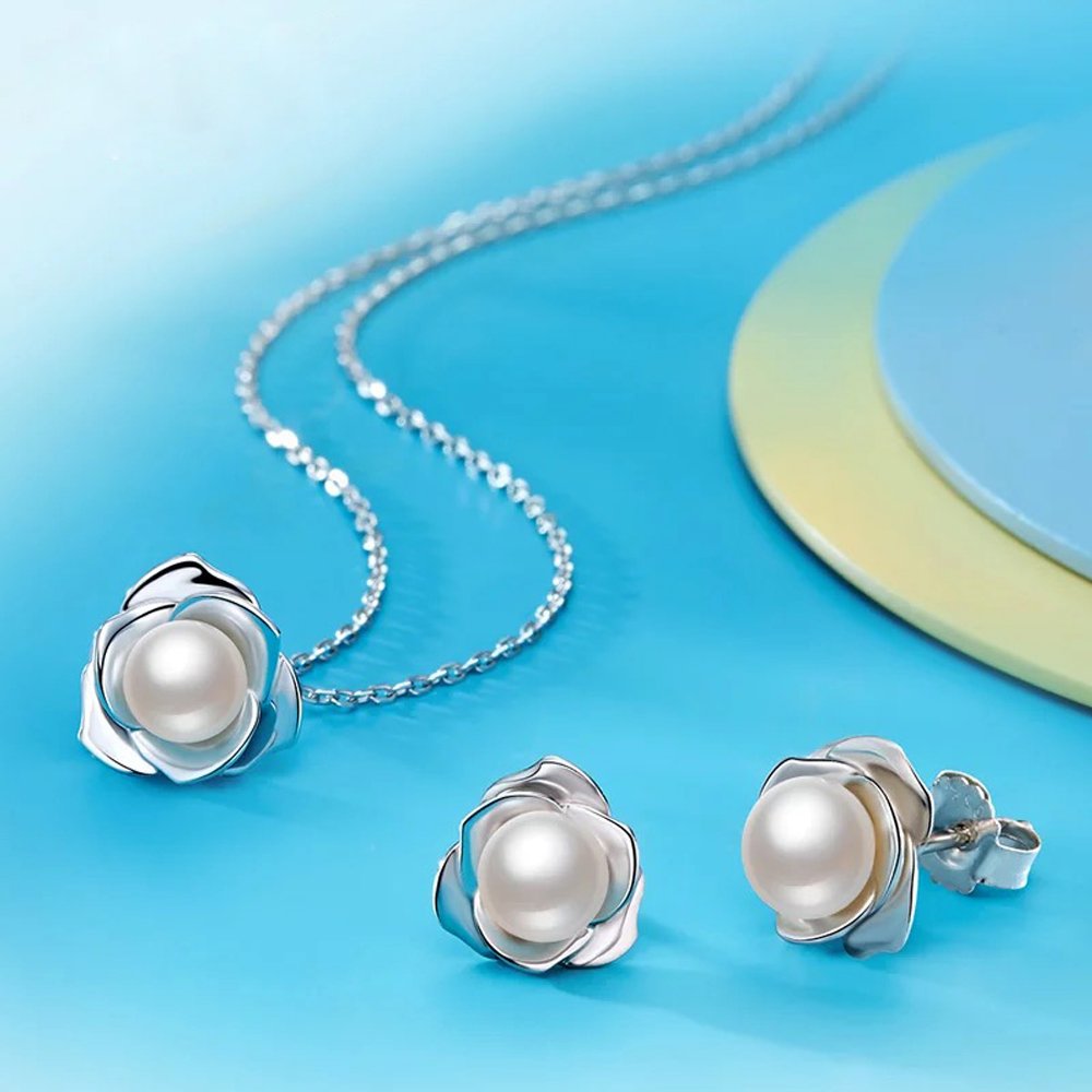 "Lovely Rose" High Polished 925 Sterling Silver Earrings with 7-8mm Natural Freshwater Pearl (Jewels Set)