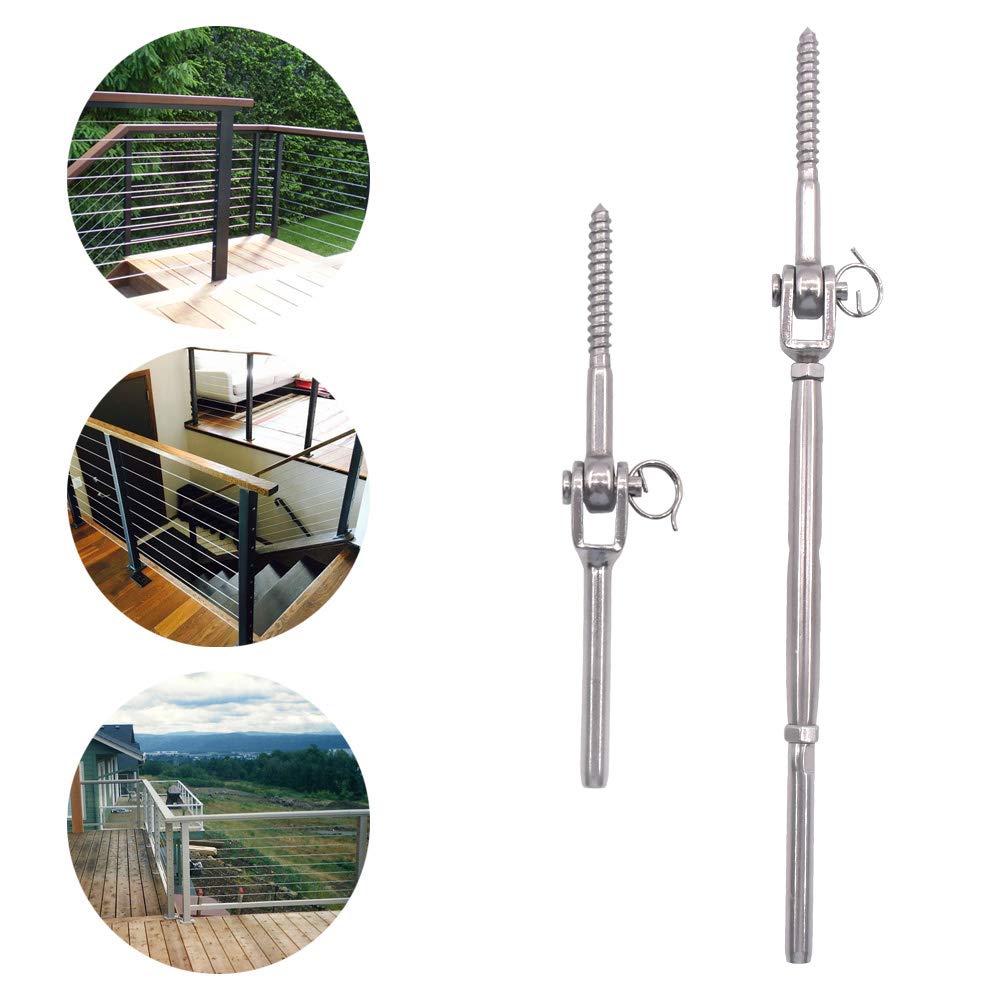 (10 Pack) Adjustable T316 Stainless Steel Deck Cable Railing Kit for Wood Posts, Swage Turnbuckle 10-Pcs, Eye Terminal Wood Screw Stair Railing Marine Grade
