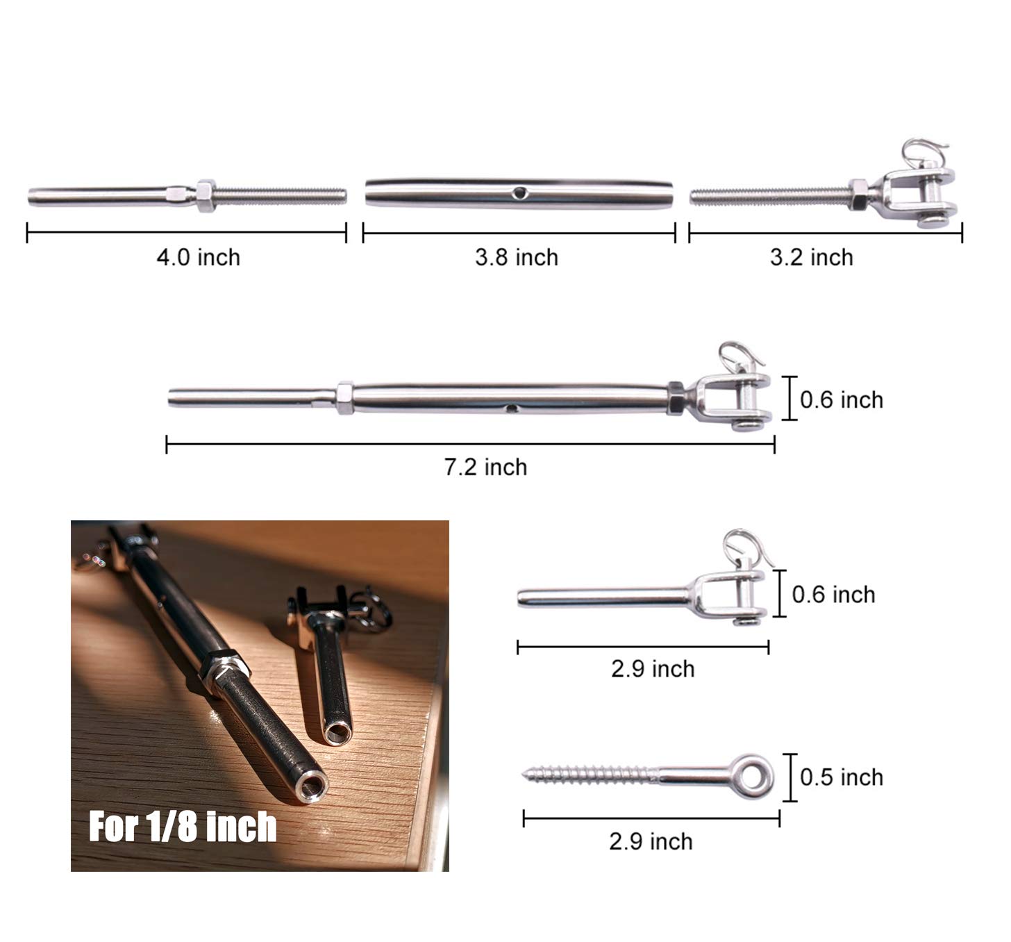 (10 Pack) Adjustable T316 Stainless Steel Deck Cable Railing Kit for Wood Posts, Swage Turnbuckle 10-Pcs, Eye Terminal Wood Screw Stair Railing Marine Grade