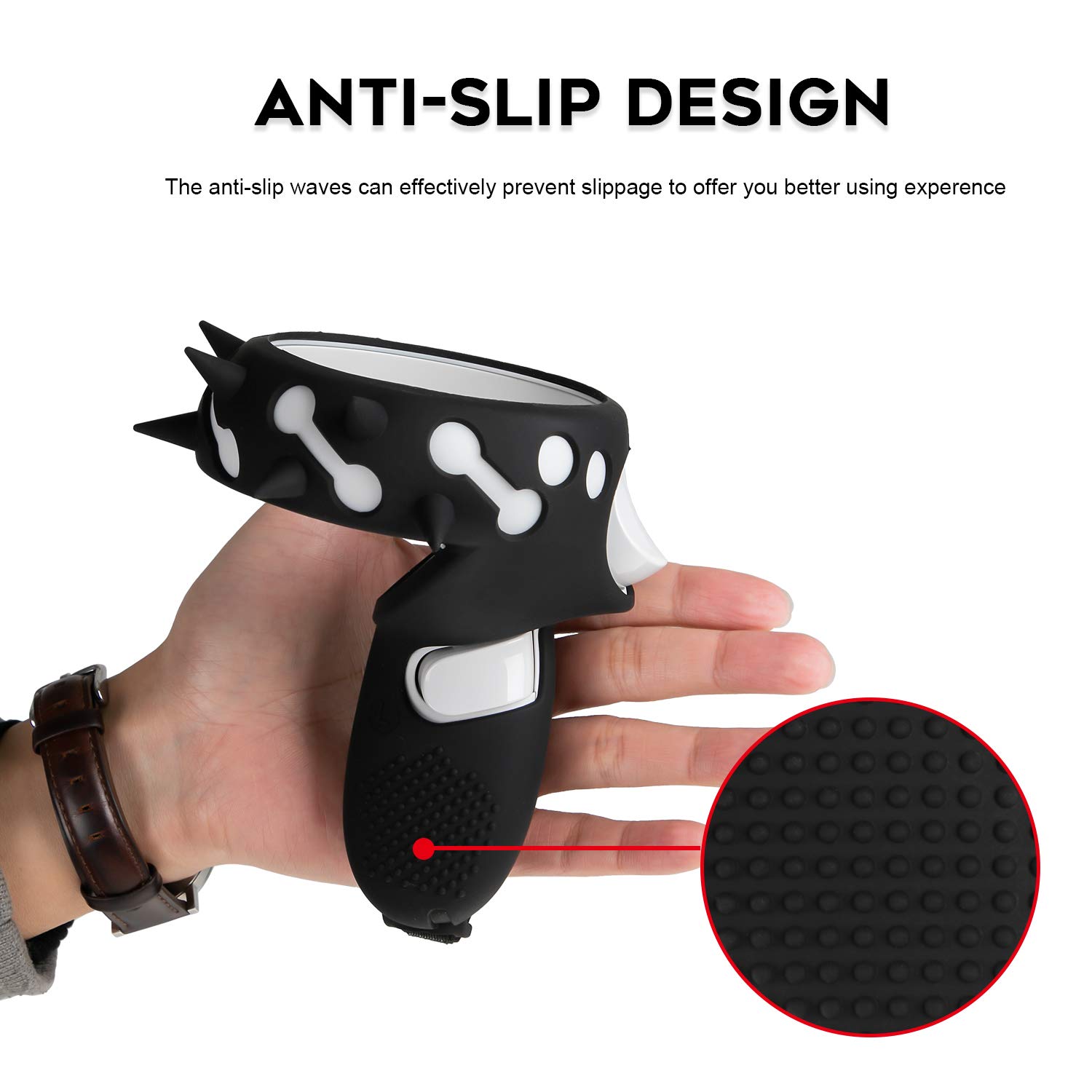 (1 Set) Seltureone Compatible for Quest 2 Touch Controller Full Grip Cover with Prick, Spiny Anti-slip Anti-fall Protective Silicone Sleeve with Hand Strap for Quest 2 Right Left, Black