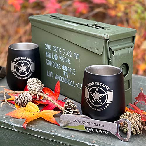 (1) 30 Cal Grade 1 Military Ammo Can (Used) - (2) Laser Engraved, “Hold The Line” Insulated Wine Tumblers - (1) Laser Engraved, Corkscrew/Multi-Tool