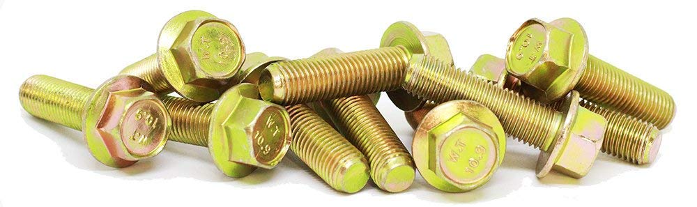 (10pcs) BelMetric M10X1.25X35mm JIS Hex Head Flange Bolt 14mm Wrench, Class 10.9 Plated Yellow Zinc for Automobile, Motorcycle, and Mechanical Applications BF10X1.25X35YLW