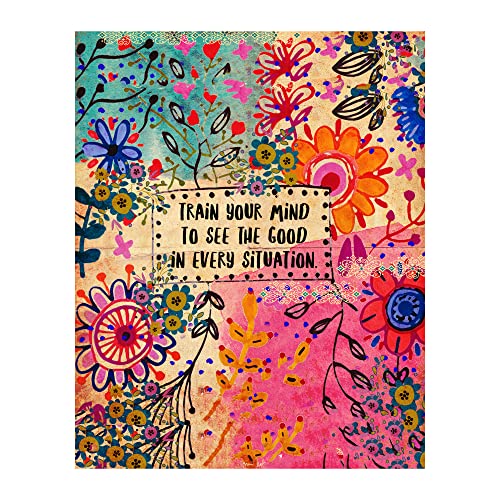 "Train Your Mind To See The Good"- 8 x 10"Inspirational Wall Print Sign on Floral Hippie Pattern- Ready to Frame. Retro Motivational Wall Art. Home-Office Décor. Great for Students-Classroom-Dorm.