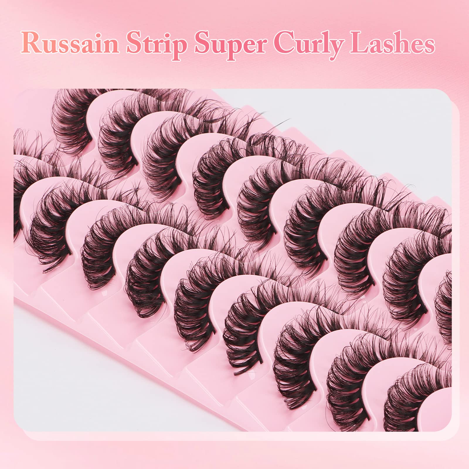(10 Pairs) Mink False Eyelashes Russian Strip Lashes D Curl Fake Eyelashes Faux Lashes Wispy Fluffy Volume Russian Lashes 3D Effect 16MM Cat eyes look like extension
