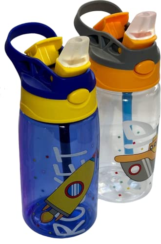 (2-Pack) ZIGIDO Kids Water Bottle for School, 16oz with Straw, ideal for Boys and Girls, Spill Proof & Dishwasher safe Kids Bottle, BPA-Free, Sippy Cup with attractive design, White & Blue