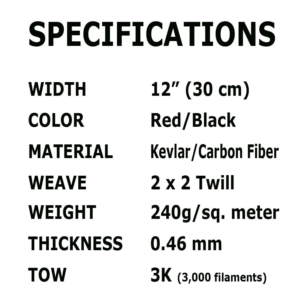 (1 ft -25 ft Rolls) KARBXON - 12 in - Carbon Fiber Aramid Fabric - RED - 3K - 240g/meter - Twill Weave - Advanced Cloth Fabric - Rolled 12β Wide Hemmed Fabric for Repair, Drones, RC & DIY Projects