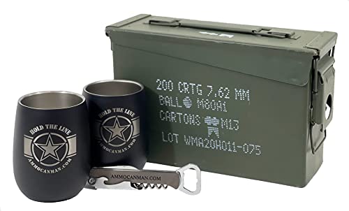 (1) 30 Cal Grade 1 Military Ammo Can (Used) - (2) Laser Engraved, “Hold The Line” Insulated Wine Tumblers - (1) Laser Engraved, Corkscrew/Multi-Tool