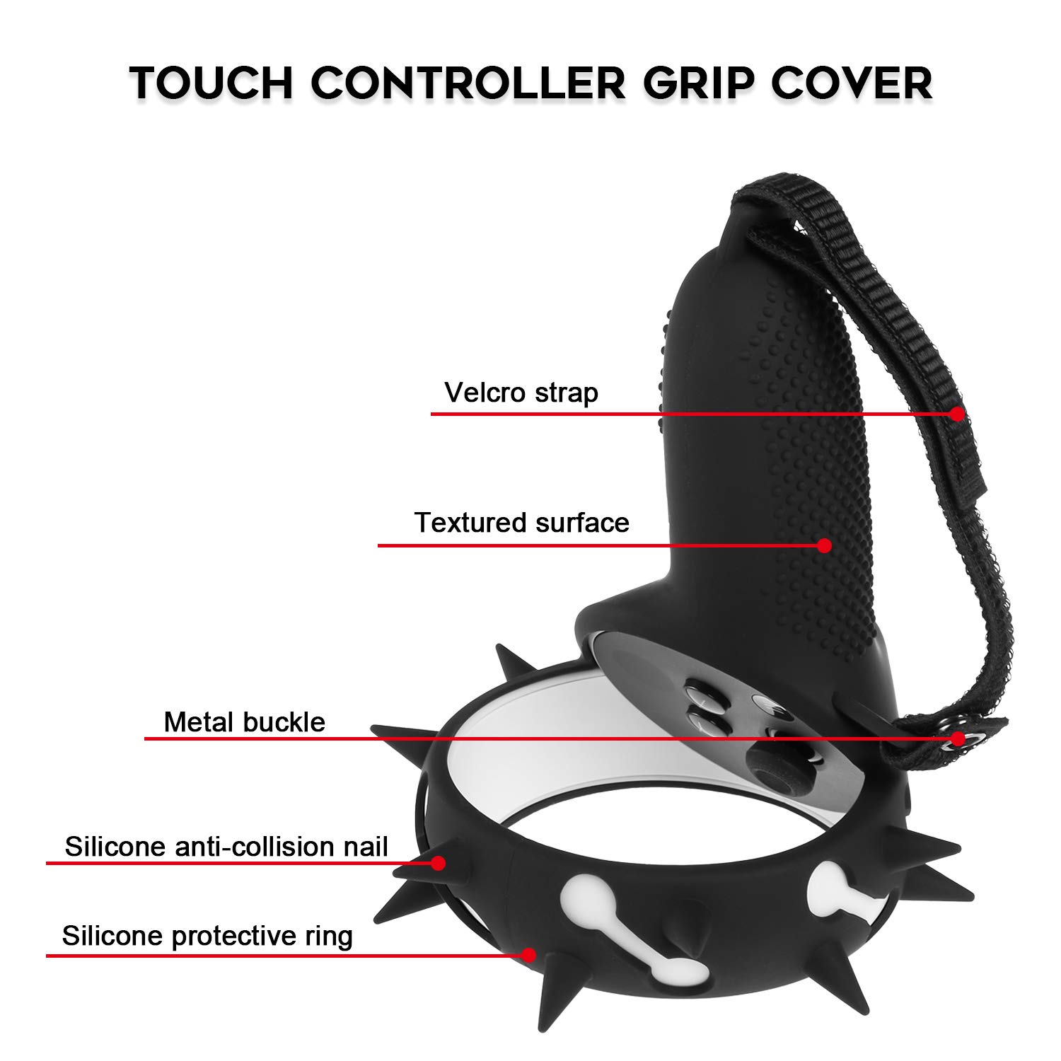 (1 Set) Seltureone Compatible for Quest 2 Touch Controller Full Grip Cover with Prick, Spiny Anti-slip Anti-fall Protective Silicone Sleeve with Hand Strap for Quest 2 Right Left, Black
