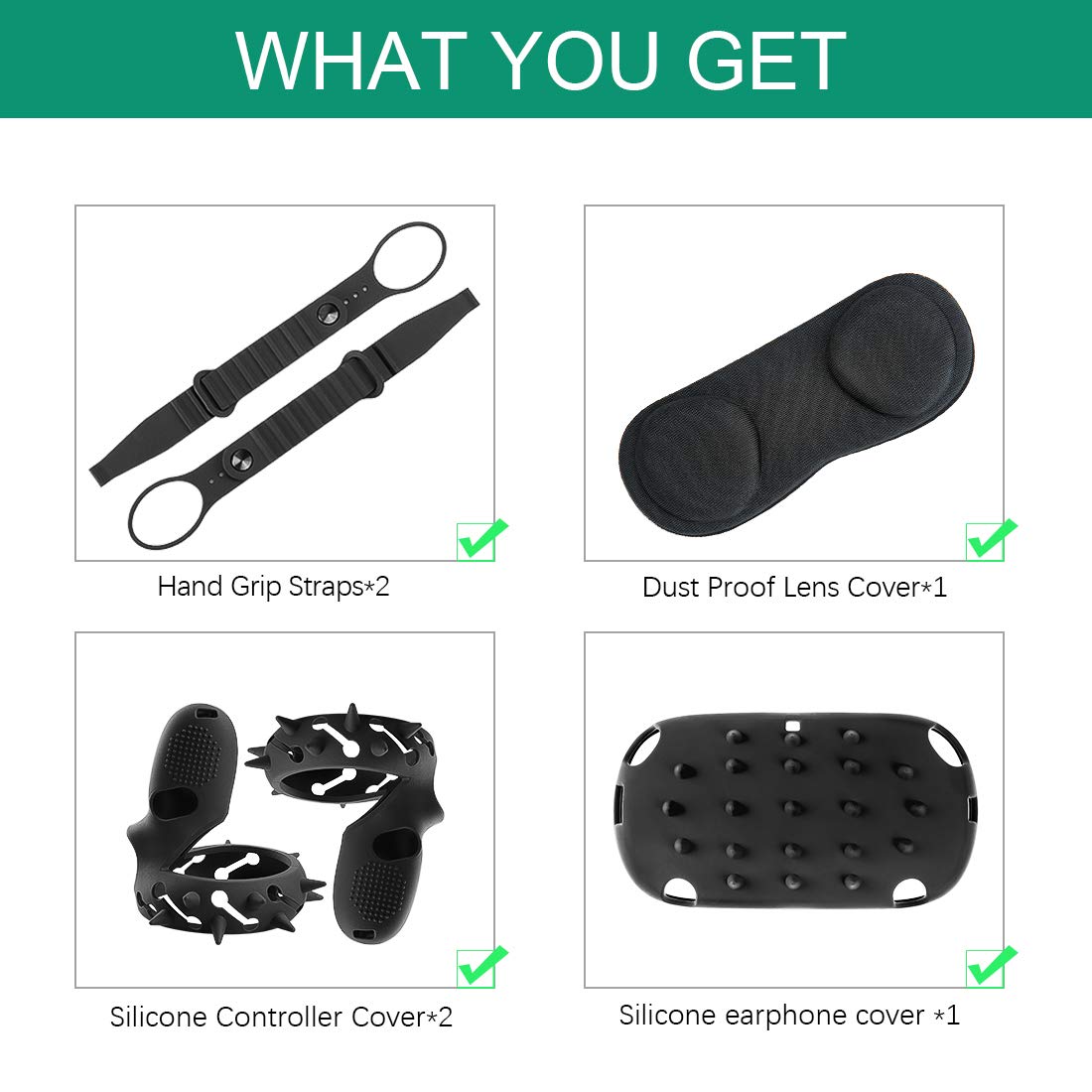 (1 Set) Ermorgen VR Accessories for Quest 1(Not for Quest 2) Basic Set, Protective Silicone Headset Cover, Dust Proof Lens Cover, Silicone Controller Cover, Adjustable Hand Grip Strap 4 in 1