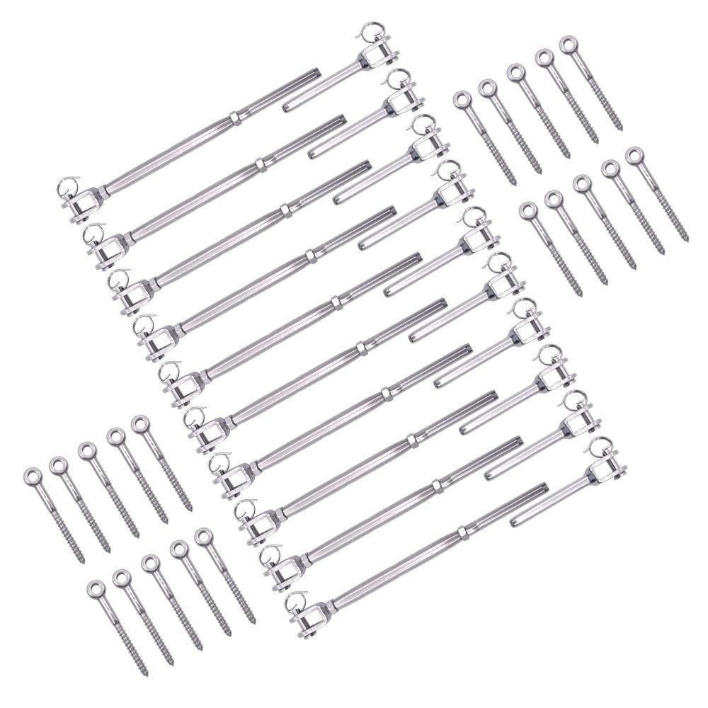 (10 Pack) Adjustable T316 Stainless Steel Deck Cable Railing Kit for Wood Posts, Swage Turnbuckle 10-Pcs, Eye Terminal Wood Screw Stair Railing Marine Grade