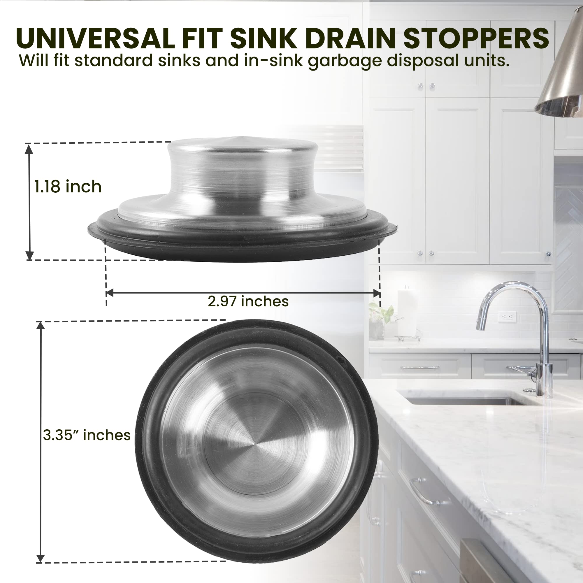 (2-Pack) Stainless Steel Kitchen Sink Stoppers - 3.35β x 1.18β Universal Fit Sink Drain Stoppers- with Strong Rubber Seal and Round Knob Grip - Suitable Replacement for InSinkErator STP-SS Stopper