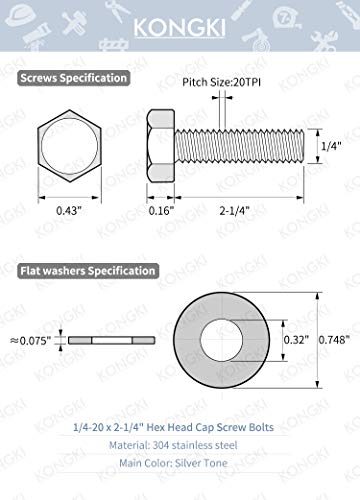 (8 Sets) 1/4-20x2-1/4" Stainless Steel Hex Head Screws Bolts Nuts Flat Washers & Lock Washers Kits, 18-8 (304) S/S,Full Thread,Machine Thread,Flat Washers Diameter 0.748"