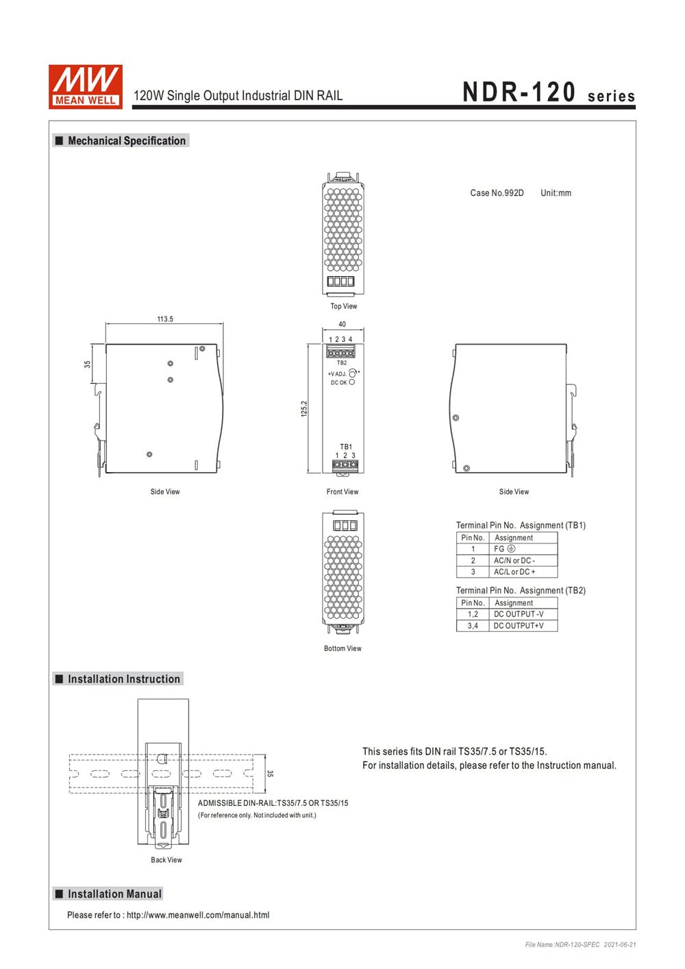 (12PACK) Mean Well NDR Switch Mode DIN Rail Slim and Economical Power Supply 90 ? 264V Ac Input NDR-120 Series 120W (NDR-120-24)
