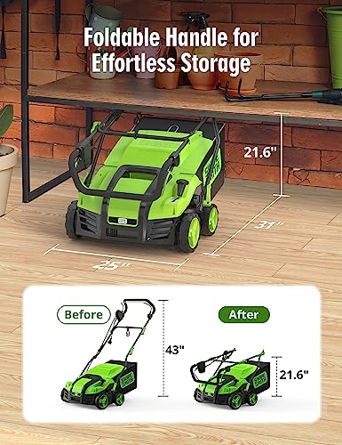 (2023 Upgraded) SWIPESMITH 16β 15 Amp Electric Dethatcher Scarifier, Lawn Dethatcher with 5-Position Depth Adjustment, 14.5 Gal Removable Thatch Collection Bag, Quick-Fold, Keeps Lawn Health