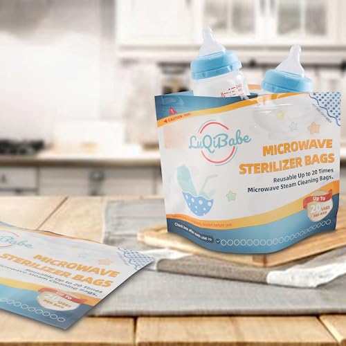 (20-Pack) Microwave Baby Bottle Sterilizer Bags - Reusable Up to 20 Times Teether, Soother, Breast Pump, and Baby Bottle Microwave Steam Cleaning Bags - Baby Bottle Cleaner Travel Accessory