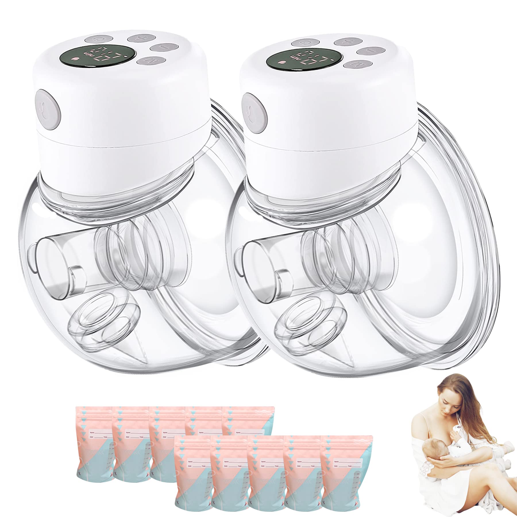 (2 Packs) Wearable Breast Pump, Electric Breast Pump, Hands Free Breast Feeding Pump, Portable Breast Pump with 9 Levels 24MM