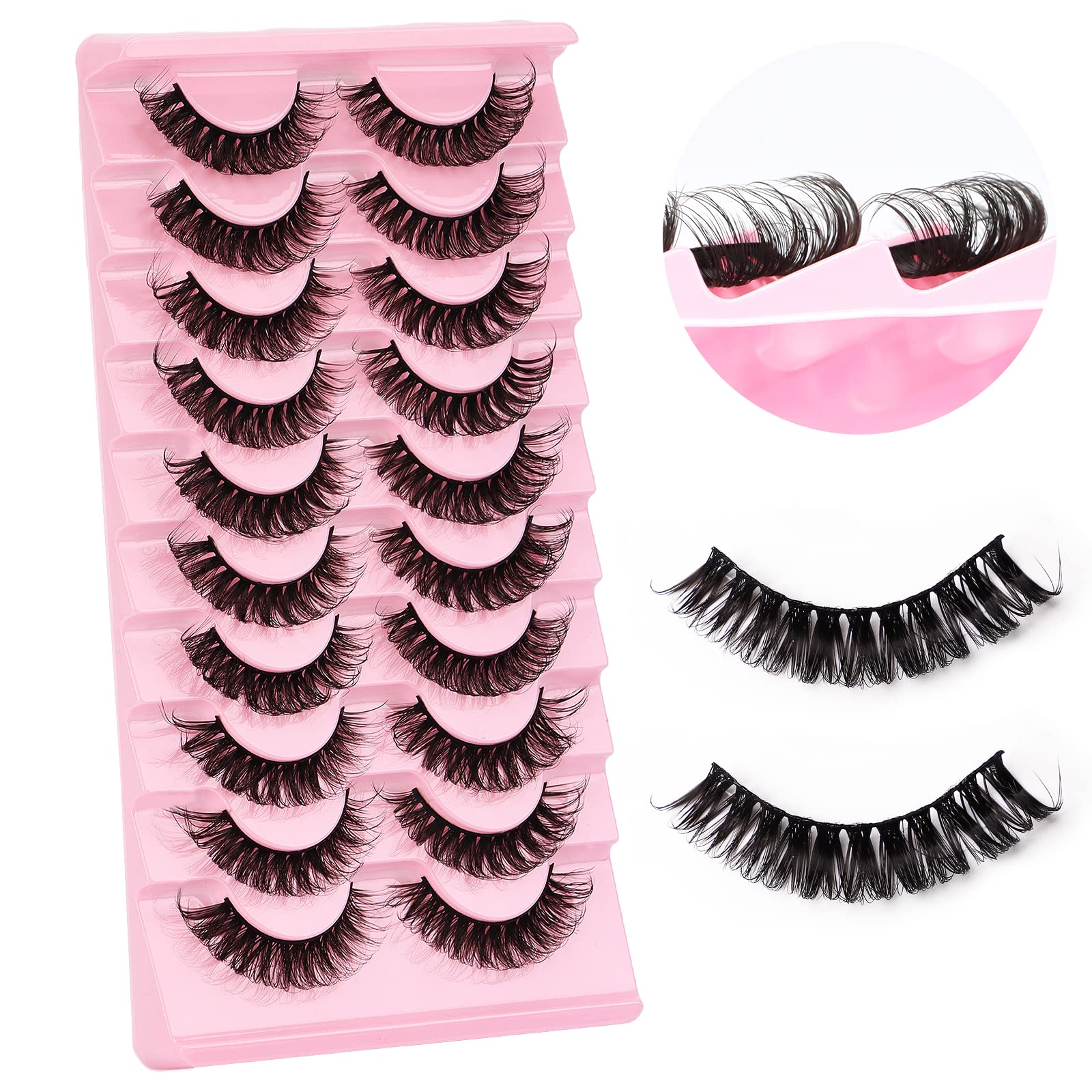 (10 Pairs) Mink False Eyelashes Russian Strip Lashes D Curl Fake Eyelashes Faux Lashes Wispy Fluffy Volume Russian Lashes 3D Effect 16MM Cat eyes look like extension