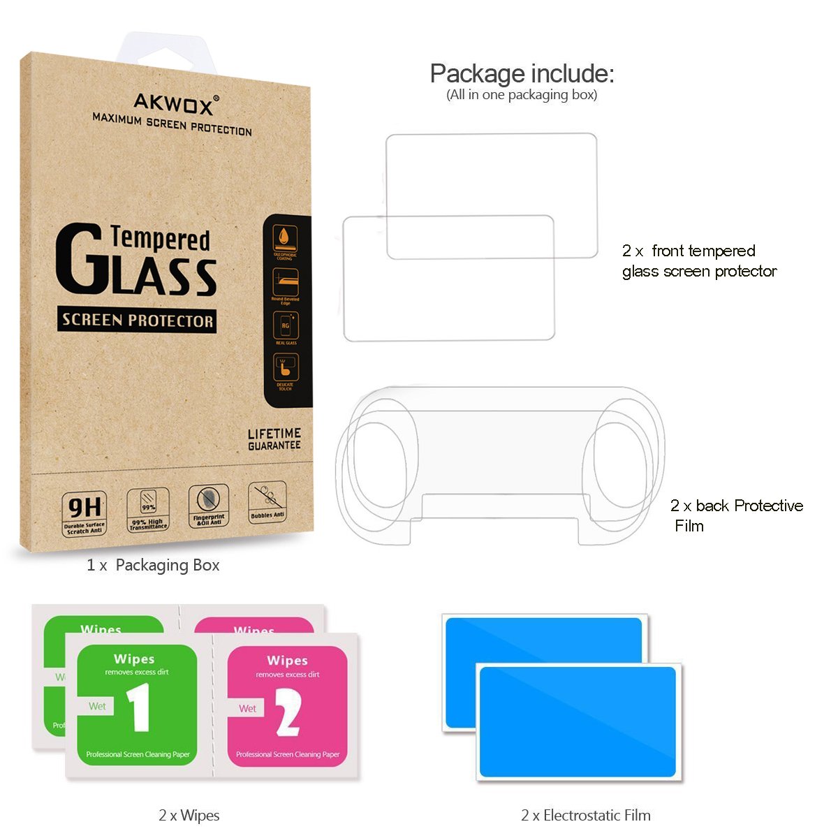 (4-Pack) 2 Front+2 Back Covers Screen Protectors for Sony PlayStation Vita 2000, Akwox 9H Tempered Glass Front Screen Protector and HD Clear PET Back Screen Protective Film for PS Vita PSV 2000