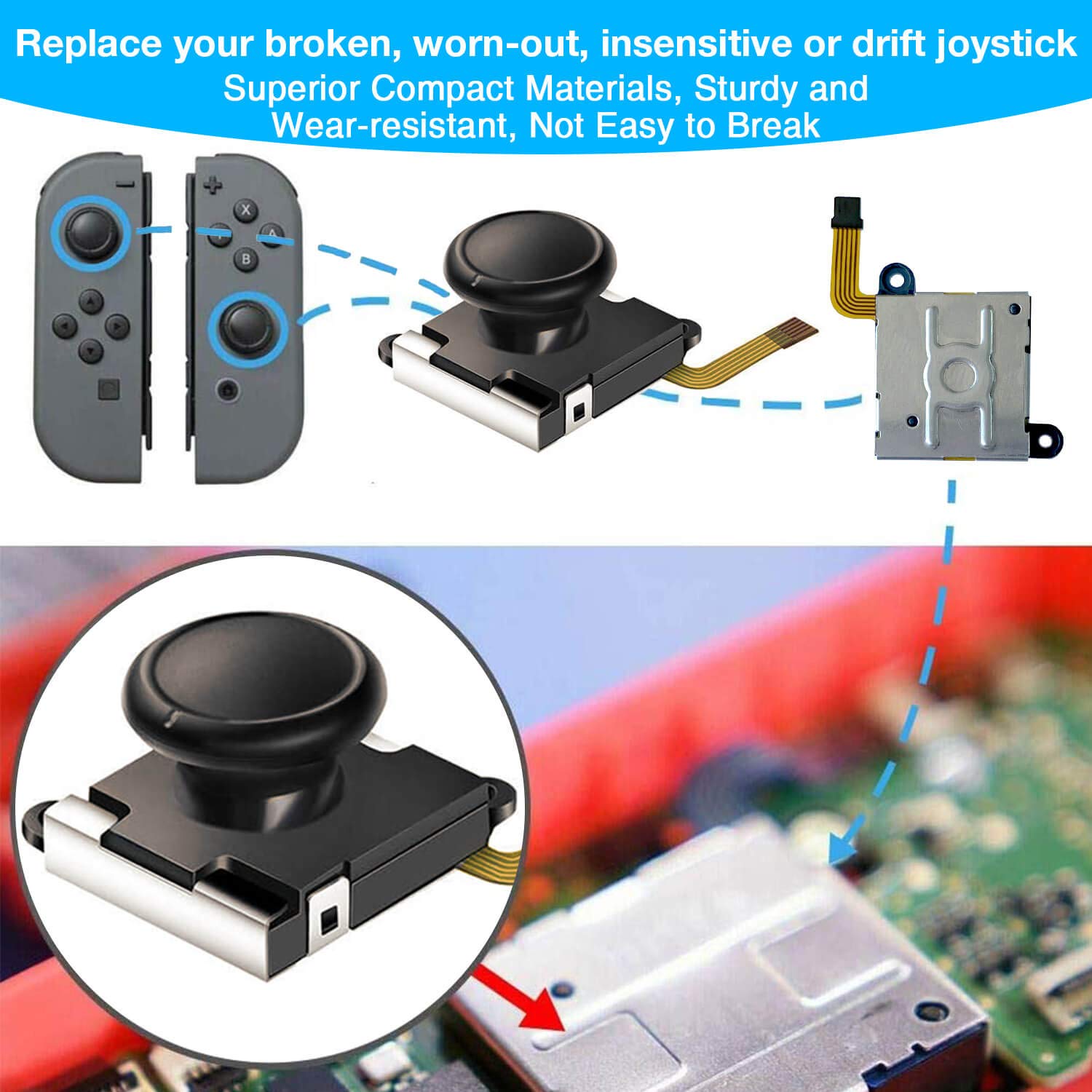 (2 Pack) Joystick Replacement for Joycon, Switch Analog Stick Parts for Nintendo Switch Joy Con Controller Thumbstick, Include Full Repair Tool Kit and 2 Metal Lock Buckles, 2 Jon Con Replacement