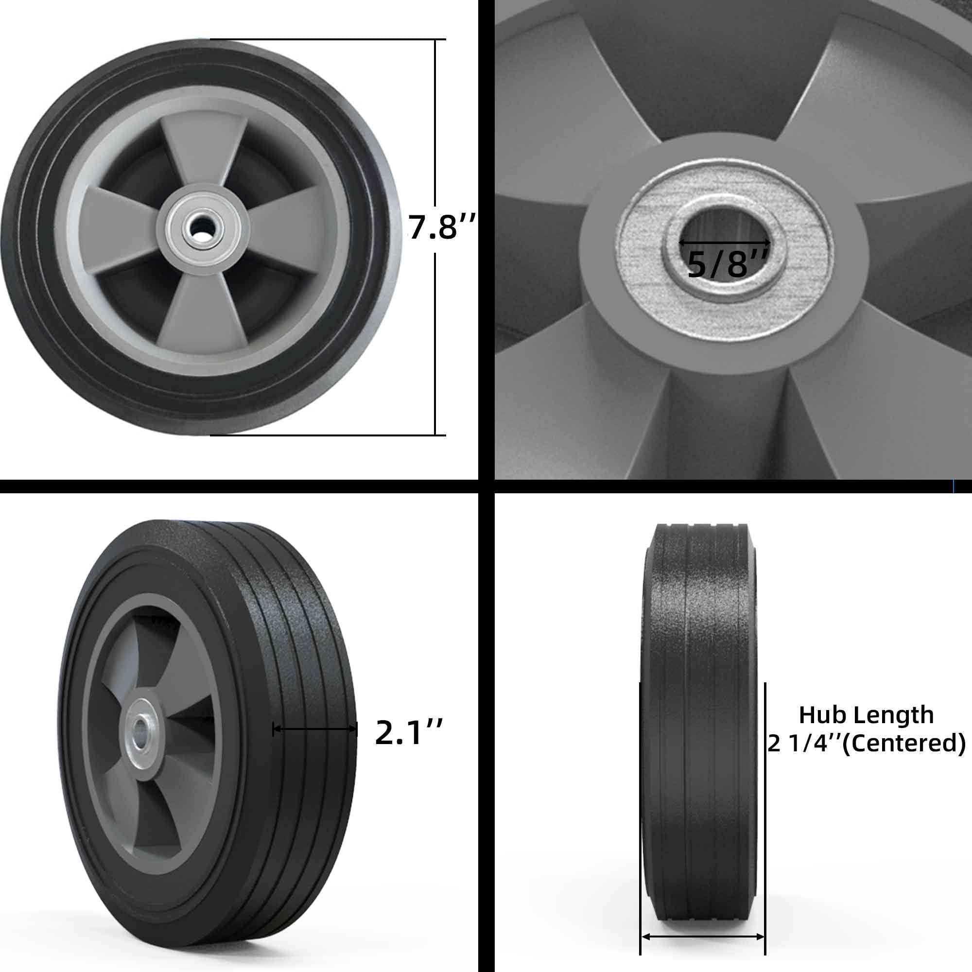 (2-Pack) 8 inch Solid Rubber Tires, 8”x2” Flat Free Wheel Assemblies - Replacement Hand Truck Wheels with Ball Bearings and 5/8” Axle - Heavy-Duty Solid Rubber Wheels