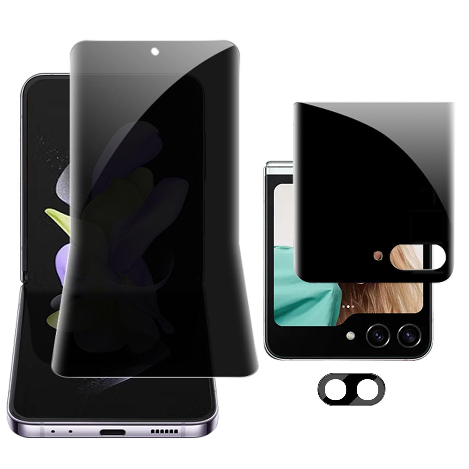 (1set=3pcs)Compatible with Samsung Galaxy Z Flip 5 5G Matte Privacy Screen Protecor + Back Camera Lens Tempered Glass Protector,Anti-Peeping Outer + Inside Soft Protective Film + Camera Lens Cover
