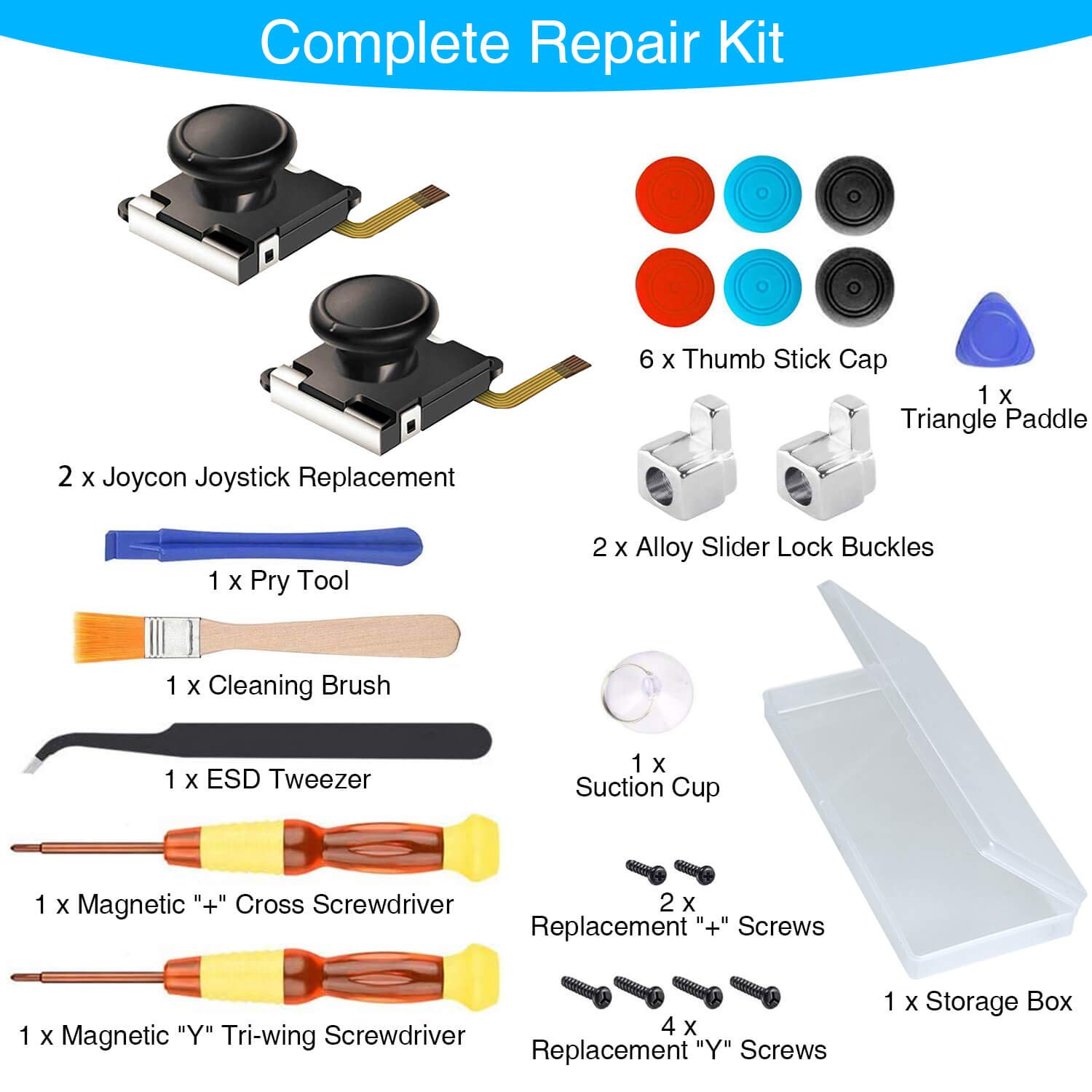 (2 Pack) Joystick Replacement for Joycon, Switch Analog Stick Parts for Nintendo Switch Joy Con Controller Thumbstick, Include Full Repair Tool Kit and 2 Metal Lock Buckles, 2 Jon Con Replacement