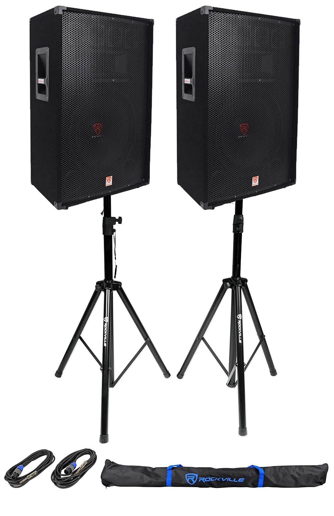 (2) Rockville RSG15 15 3-Way 1500 Watt 8-Ohm DJ PA Speaker +Stands +Cables