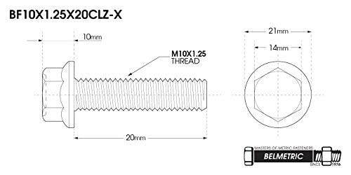 (15pcs) BelMetric M10X1.25X20mm JIS Hex Head Flange Bolt 14mm Wrench, Class 10.9 Plated Zinc for Automobile, Motorcycle, and Mechanical Applications BF10X1.25X20CLZ
