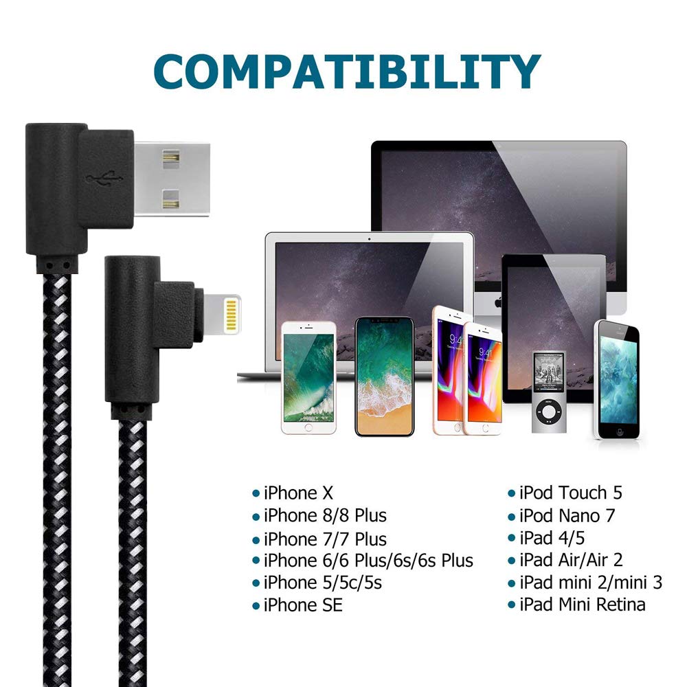 [3 Pack] Right Angle Charging Cable Nylon Braided 90 Degree Elbow for Game Video Watch Compatible with iPhone Xs Max/XS/XR/7/7Plus/X/8/8Plus/6S/6S Plus/SE (3ft, Black White)