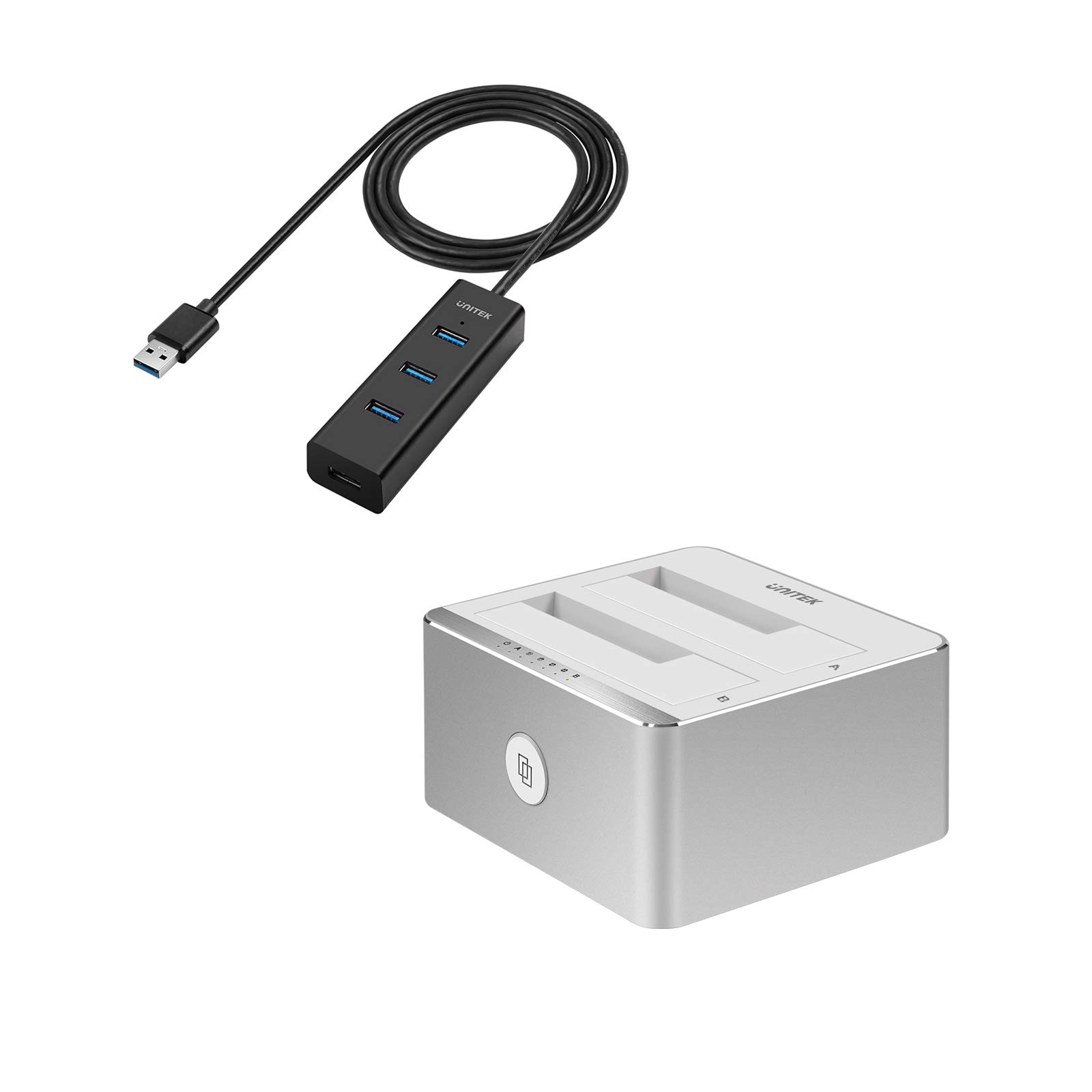 [Bundle] 4-Port USB 3.0 Hub Long Cable and Dual Bay Hard Drive Docking Station