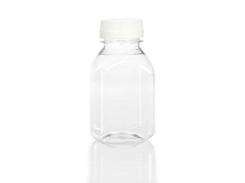 (6) 8 oz. Clear Food Grade Plastic Juice Bottles with Tamper Evident Caps 6/pack (8 oz., White Lids)